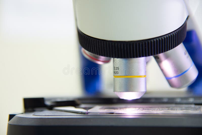 Close Up Lens Microscope in Laboratory Stock Image - Image of biology ...