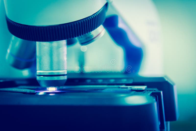 Close Up Lens Microscope in Laboratory Stock Photo - Image of care ...