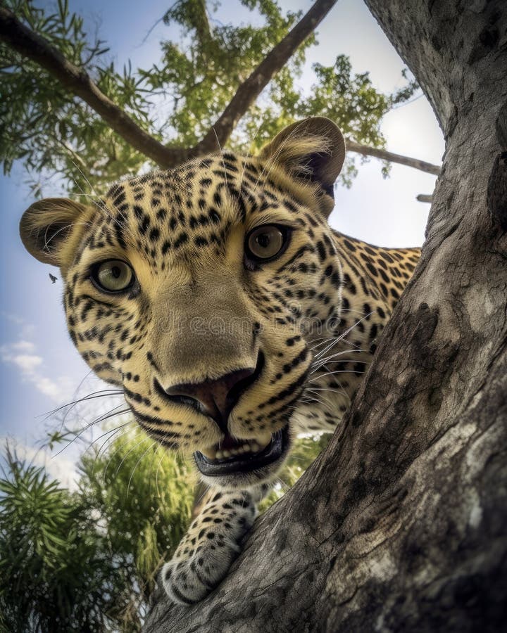 Close Up of Leopard Climbing Over the Top of a Tree Generative AI Stock ...