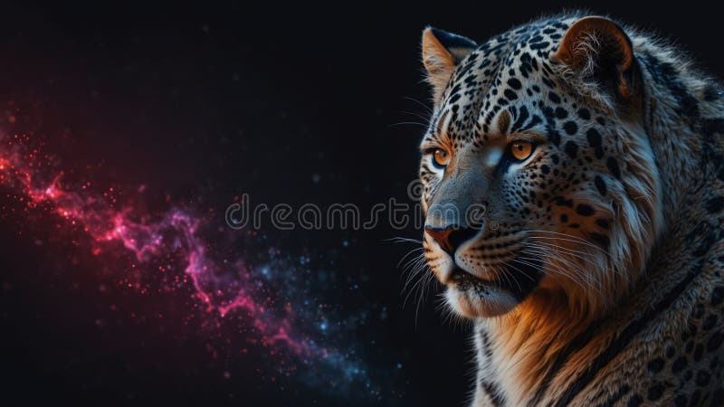 Close-Up of a Leopard with Cosmic Nebula Background in a Dark Night ...