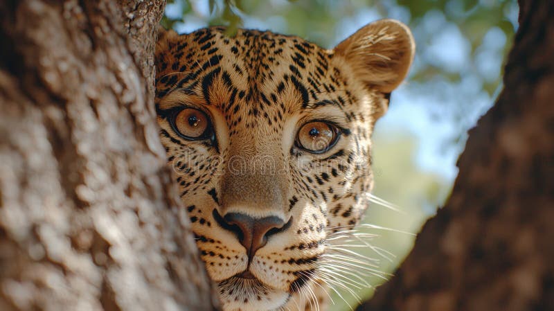 Close-up of a Leopard Peeking Out from Behind a Tree Stock Illustration ...