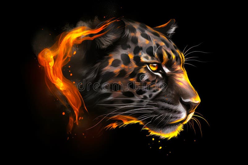 Close Up of Leopard S Face on Black Background with Fire. Generative AI ...
