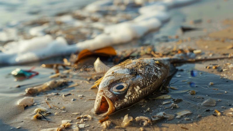 A Close Up of a Lifeless Fish on the Beach Amidst Litter, Highlighting ...