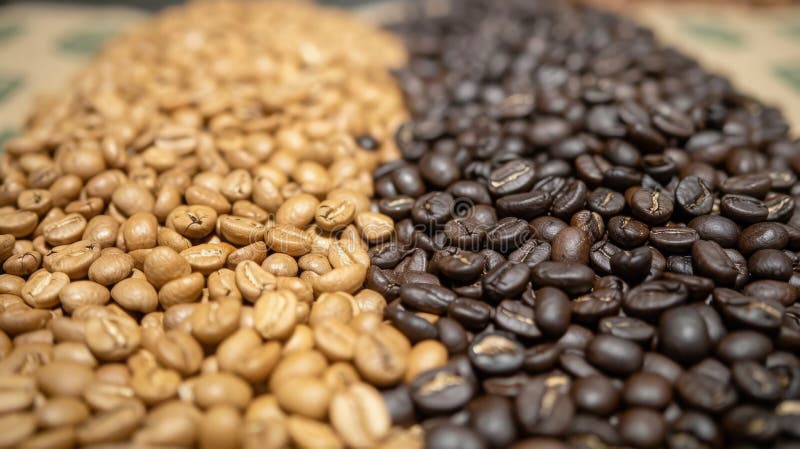 Close-Up of Light and Dark Coffee Beans Side by Side on a Table in ...
