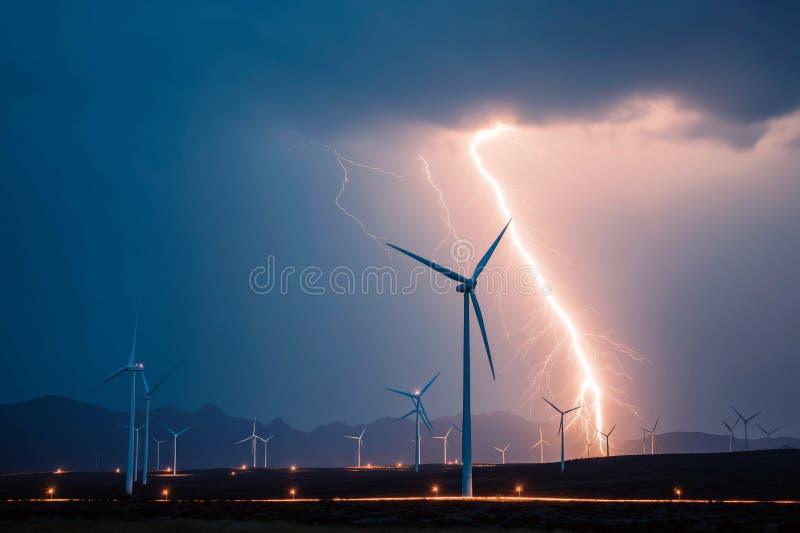 Close-up of a Lightning Strike Captured Over a Modern Wind Farm ...