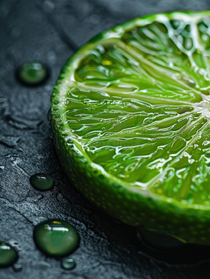 Close-up of a Lime Slice with Water Droplets on a Dark Surface Stock ...