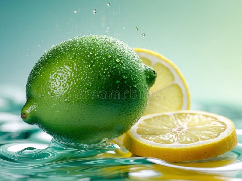 A Close Up of a Lime with a Sliced Lemon on Watery Surface Stock Image ...