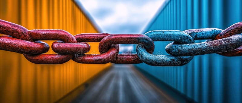 Close-up of Linked Red and Silver Chains with Colorful Background Stock ...