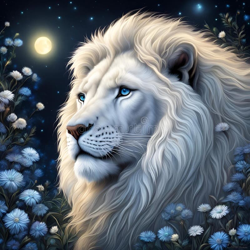 A Close Up of a Lion with a Moon in the Sky Stock Illustration ...