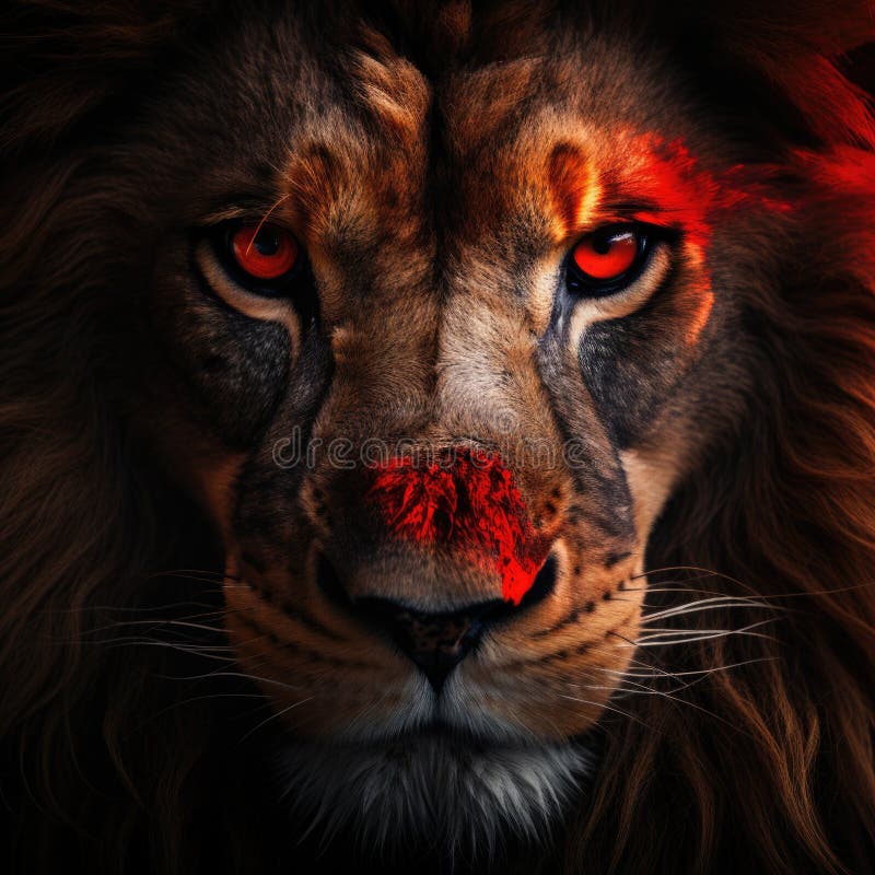 A Close Up of a Lion S Face with Red Eyes Stock Illustration ...