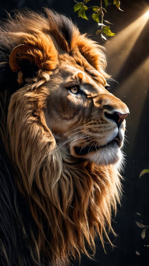 Close Up of Lion& X27;s Face with the Sun Shining on it. Generative AI ...