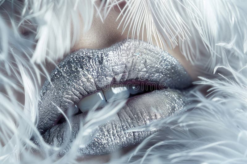 Close-up, Lips Adorned with Fine, Silver Glitter, Reflecting Soft Light ...
