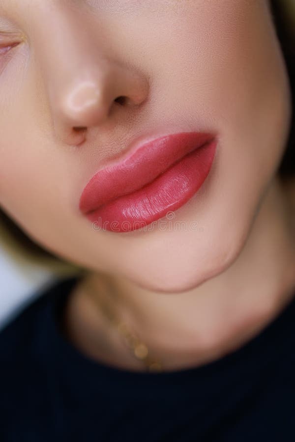 Close-up of the Lips of a Beautiful Girl Model with the Work Done on ...