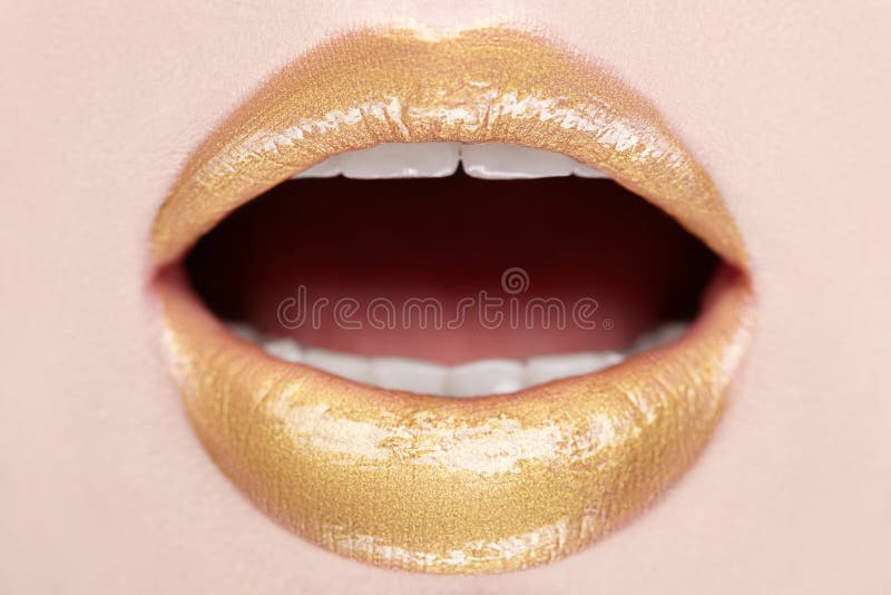 Close-up Lips Make-up with Gold. Open Mouth Stock Photo - Image of ...
