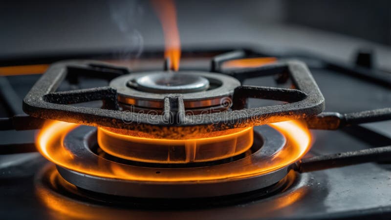 Close-up of Lit Gas Stove Burner in Domestic Kitchen Stock Image ...
