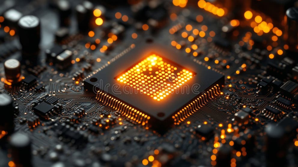 Close-up of a Lit-up Processor Chip on a Black Circuit Board Stock ...