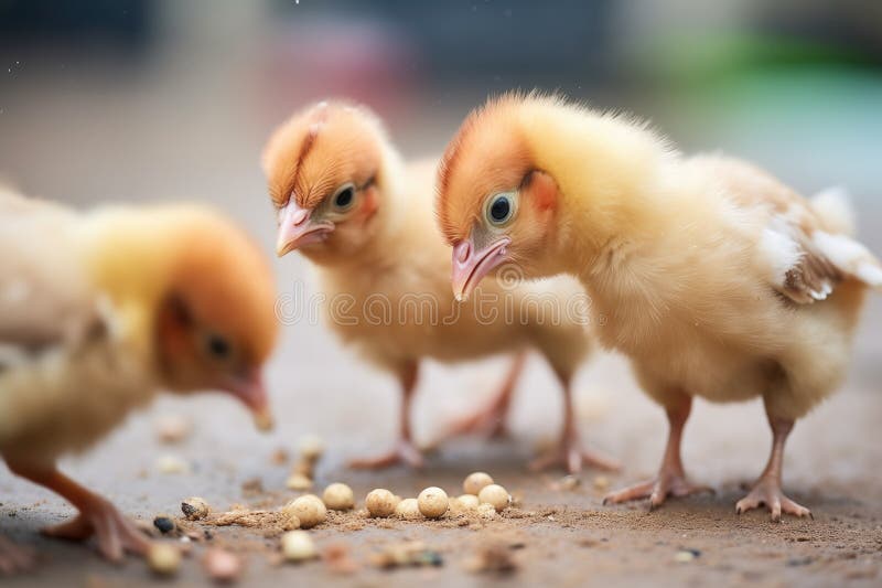 Close-up of Lively Chicks Pecking at Pellets Stock Illustration ...