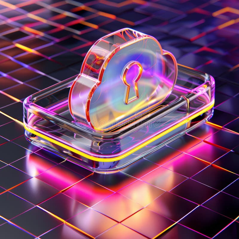Close Up of Lock Icon in Translucent Cloud on Vibrant Neon Digital Grid ...