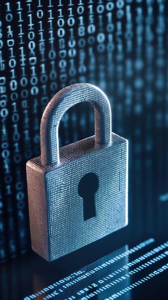 Close-up of a Lock Symbol on a Computer Screen with Binary Code in the ...