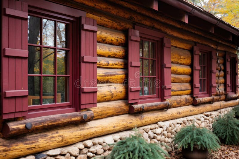 Close-up of Log Cabin Windows with Wooden Shutters Stock Photo - Image ...