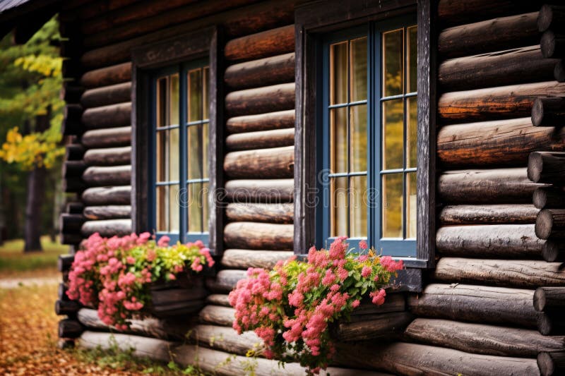Close-up of Log Cabin Windows with Wooden Shutters Stock Image - Image ...