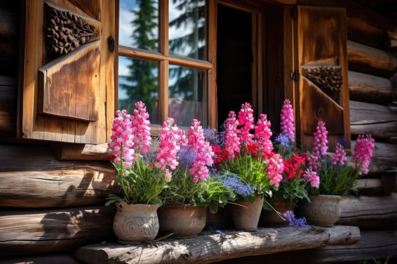 Close-up of a Log Cabins Window with a Flower Box Stock Image - Image ...
