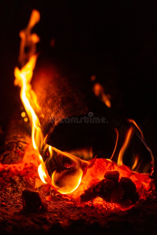 A Log on Fire in a Fireplace Stock Photo - Image of hell, combustible ...