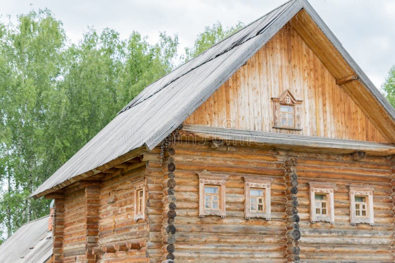 Close Up of Log House. Wooden Country Side Building N the Forest Stock ...