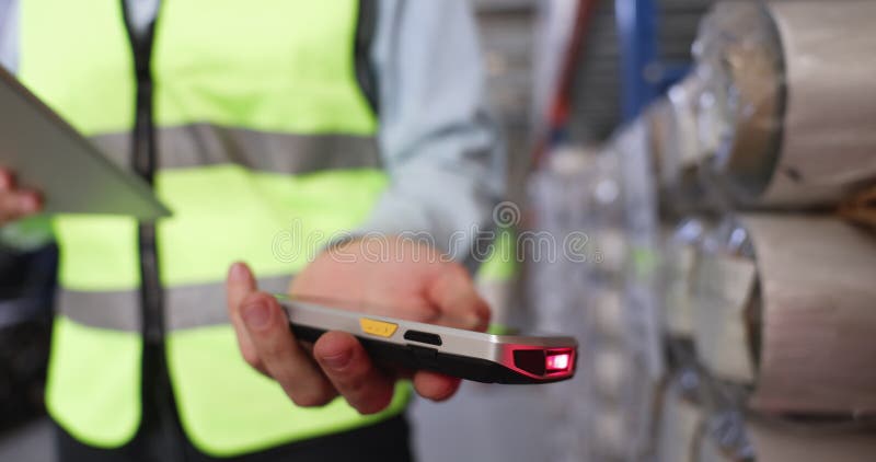 Close Up of Logistics Workers Hand Using Handheld Barcode Scanner Stock ...