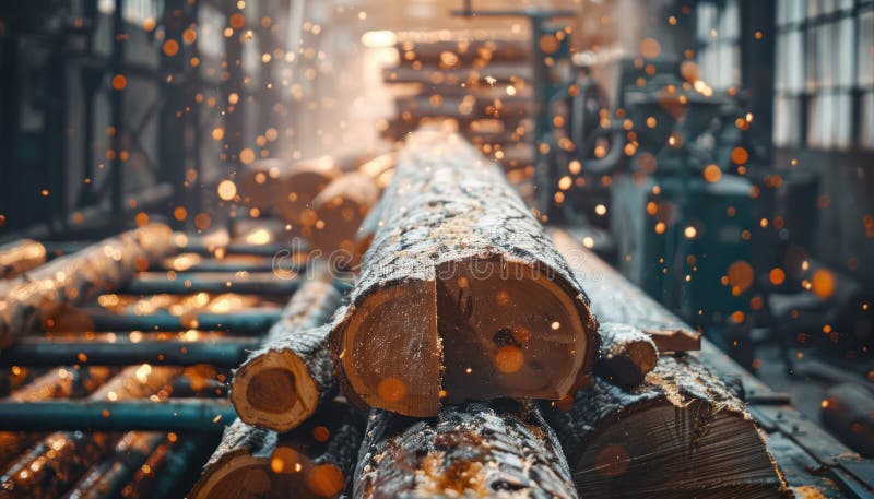 Close-up of Logs Being Chopped at a Sawmill, Showing the Precision and ...