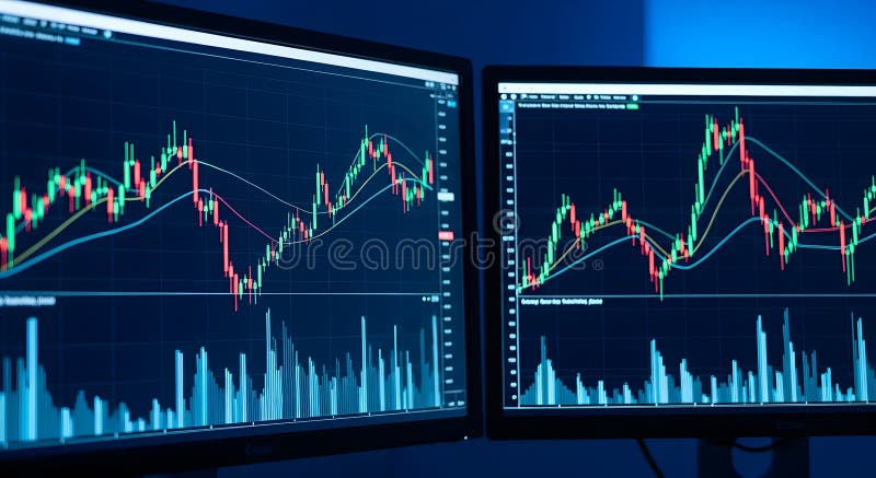 Dual Monitors Displaying Stock Market Candlestick Charts and Volume ...