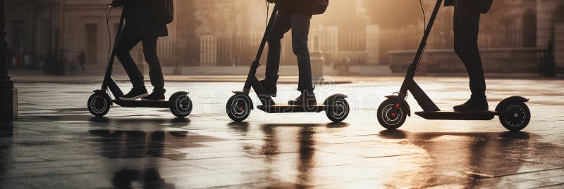Close Up Low Angle View of Three People Using Electric Scooter in the ...