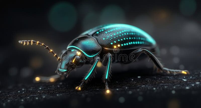 Close-up of a Luminous Beetle Against a Dark Backdrop with Glowing ...