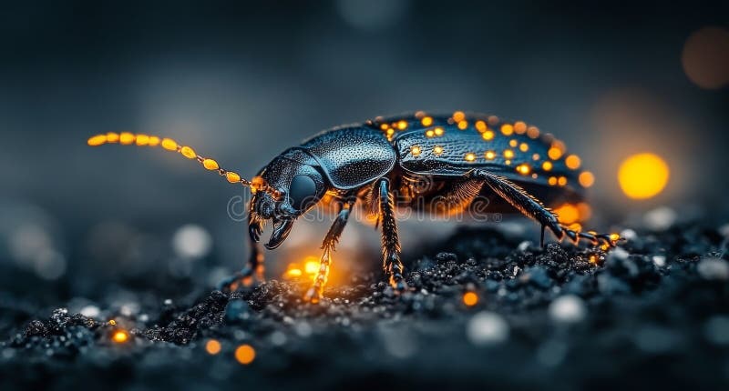 Close-up of a Luminous Beetle Against a Dark Backdrop with Glowing ...