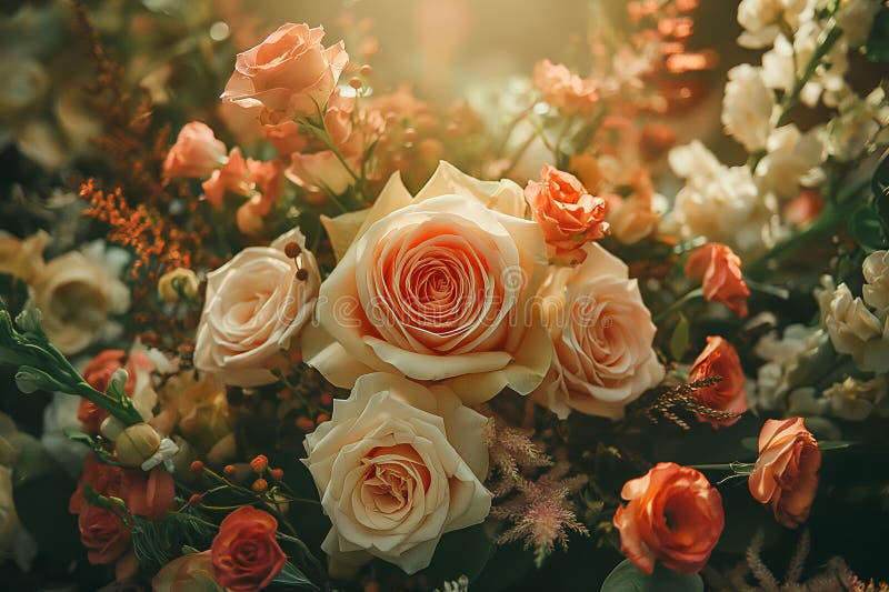 Close Up of Lush Blooming Roses with Warm Sunlight Stock Photo - Image ...