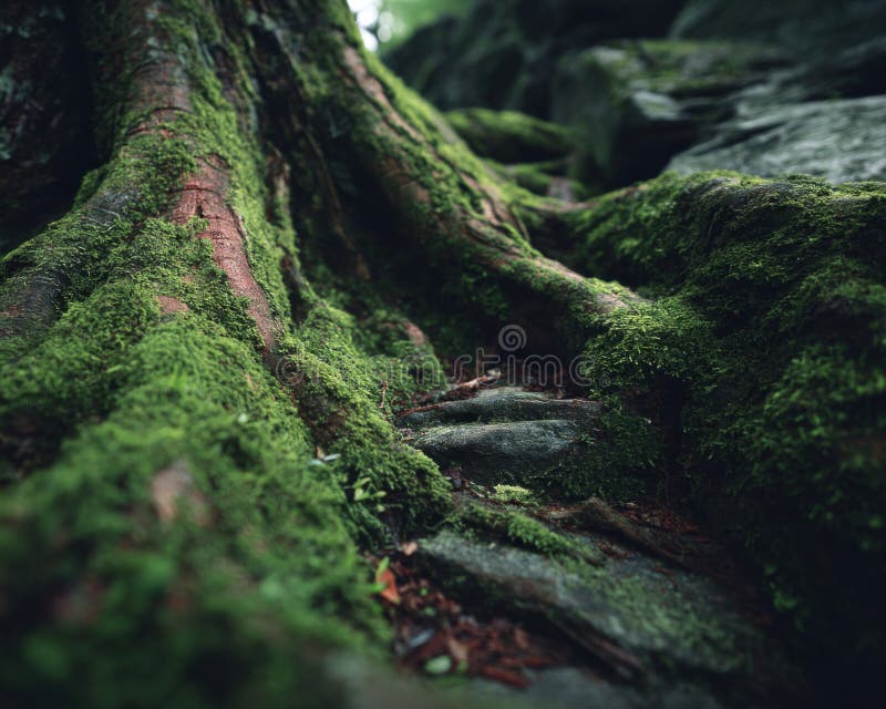 Close-Up of Lush Green Moss Covering Tree Roots and Rocks Stock ...