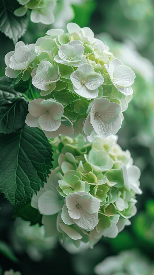 Close-Up of Lush Green and White Hydrangeas in Bloom with Dewy Fresh ...