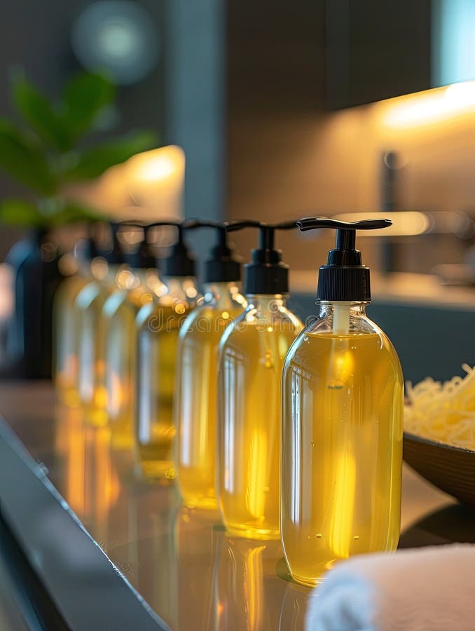 Close-up of Luxurious Shampoo and Conditioner Bottles in a Modern Salon ...