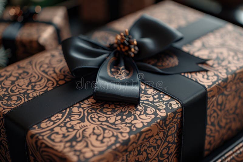 Black and Gold Gift Box with Satin Bow Stock Illustration - Illustration of holiday, detail ...