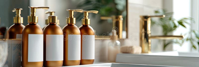 Close-up of Luxury Shampoo and Conditioner Bottles Arranged in a Modern ...