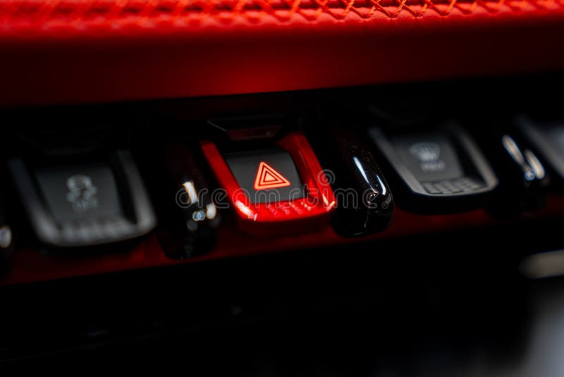 Close Up Luxury Vehicle Control Panel Red Hazard Button Stock Photos ...