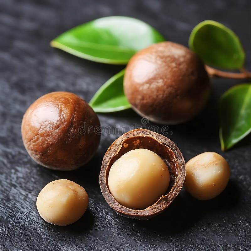 Closeup of Macadamia Nuts with Shells and Leaves a Detailed Image ...