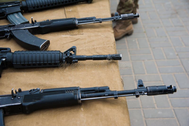 Machine Guns with Ammunition on the Table Stock Photo - Image of bullet ...