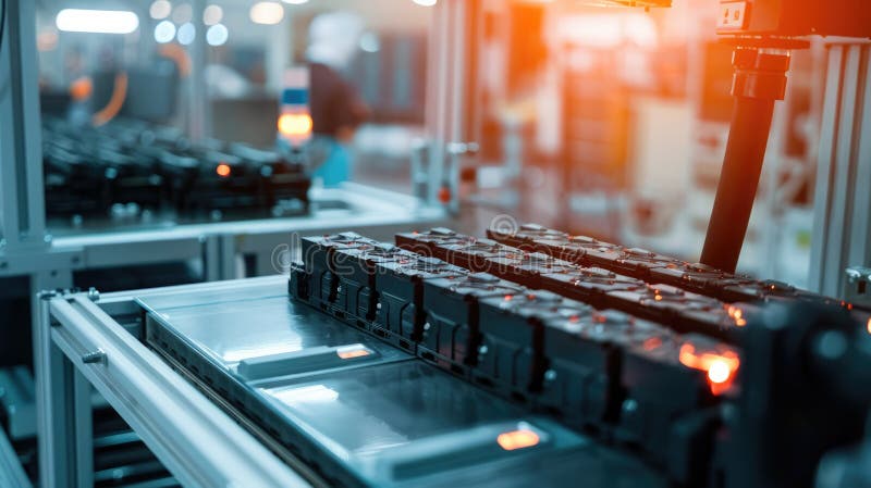 Close-up of Machinery Assembling Battery Packs in a High-tech Facility ...