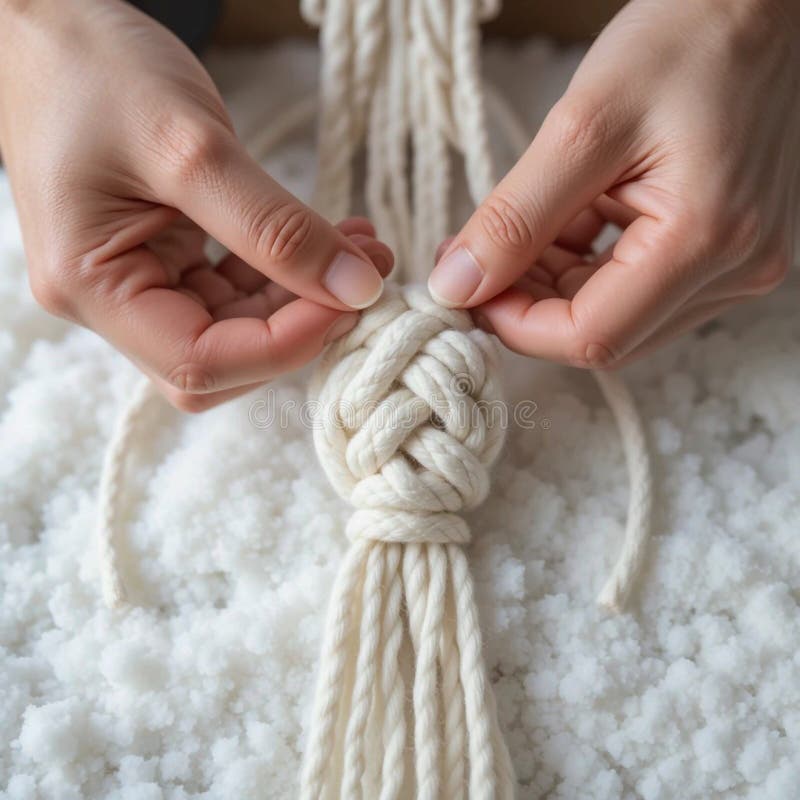 Close-up of the Macrame Weaving Process: Hands Weave a Knot from White ...