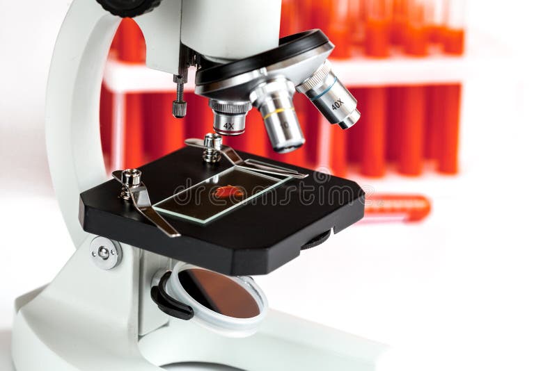 Close Up Macro Microscope with Blood Sample on White Background Stock ...