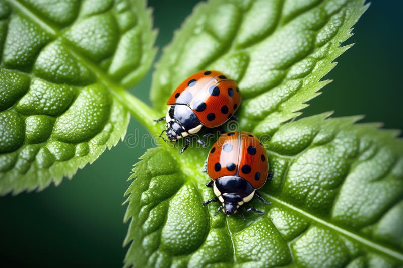 Close Up Macro Photography of Lady Bugs Walking Over Leaf. Stock ...
