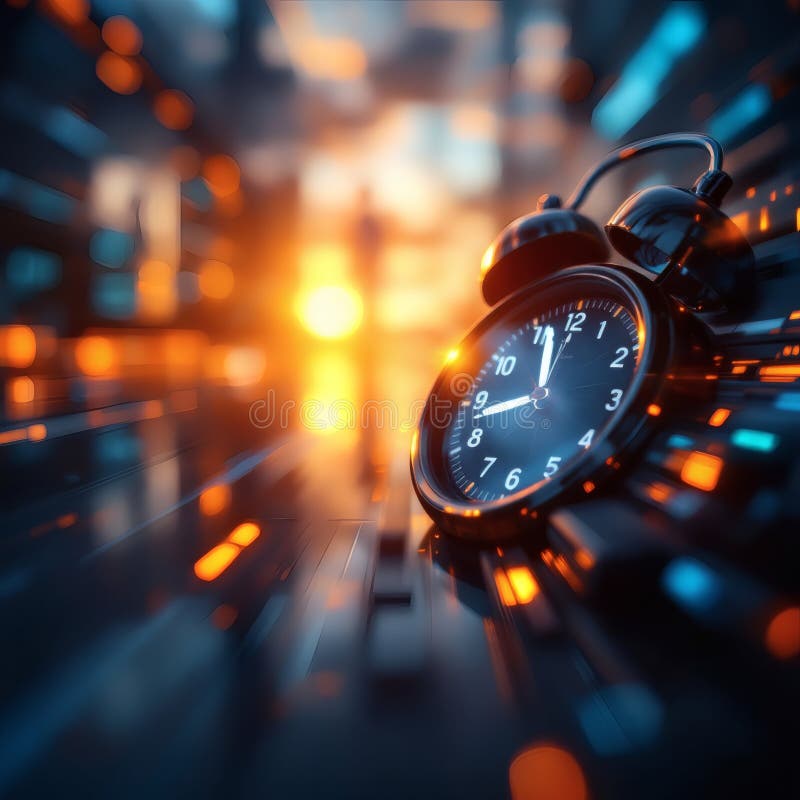 Digital Clock in a Tech Environment, with Morning Sunrise Reflecting ...