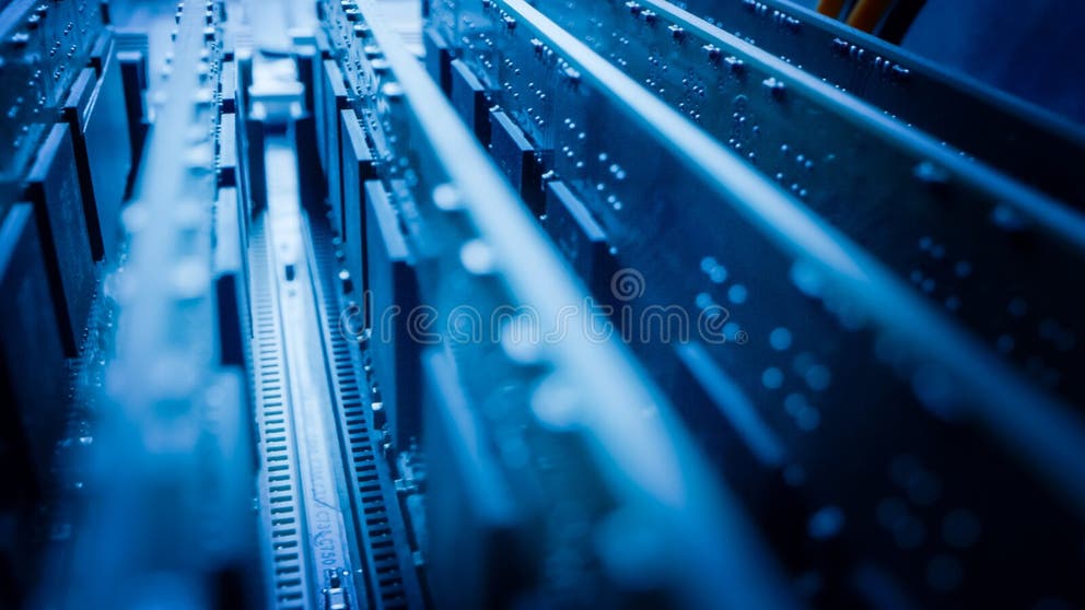 Close-up Macro Shot: Inside of the Computer Case. PCB Motherboard with ...