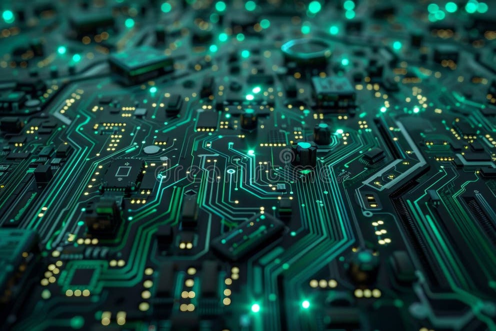 Close Up Macro Shot Of Printed Circuit Board With Computer Motherboard Component Microchip